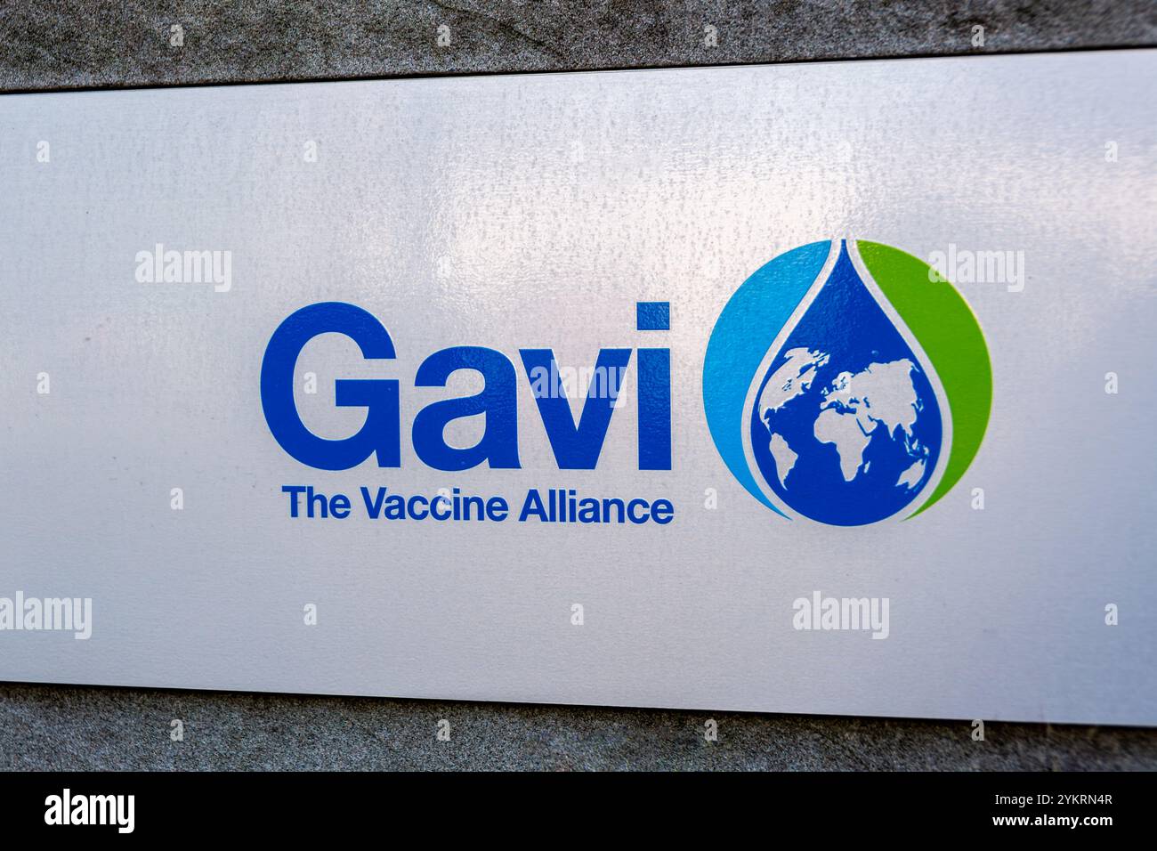 Sign and logo at the entrance to the headquarters of the international ...