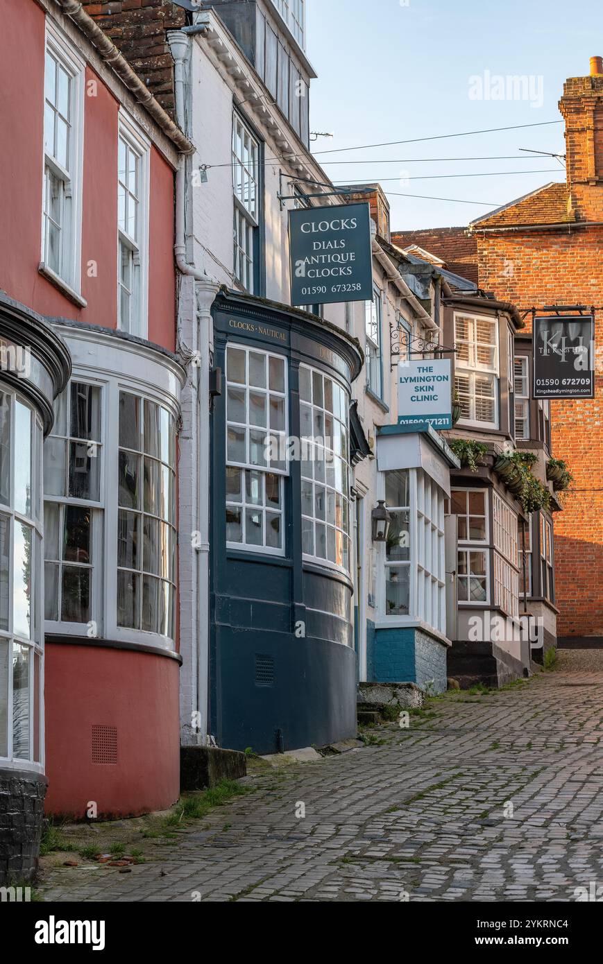 Quay hill in the New Forest town of Lymington, Hampshire, UK. Old ...