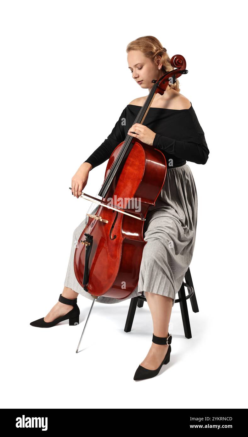 Beautiful young woman playing cello on white background Stock Photo - Alamy