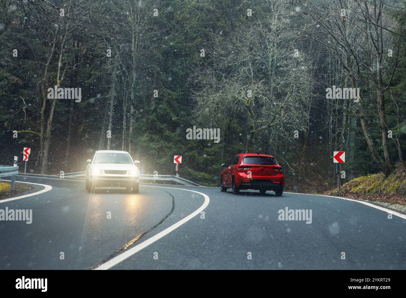 Scenic view nature park highway slippery mountain alpine road driving ...