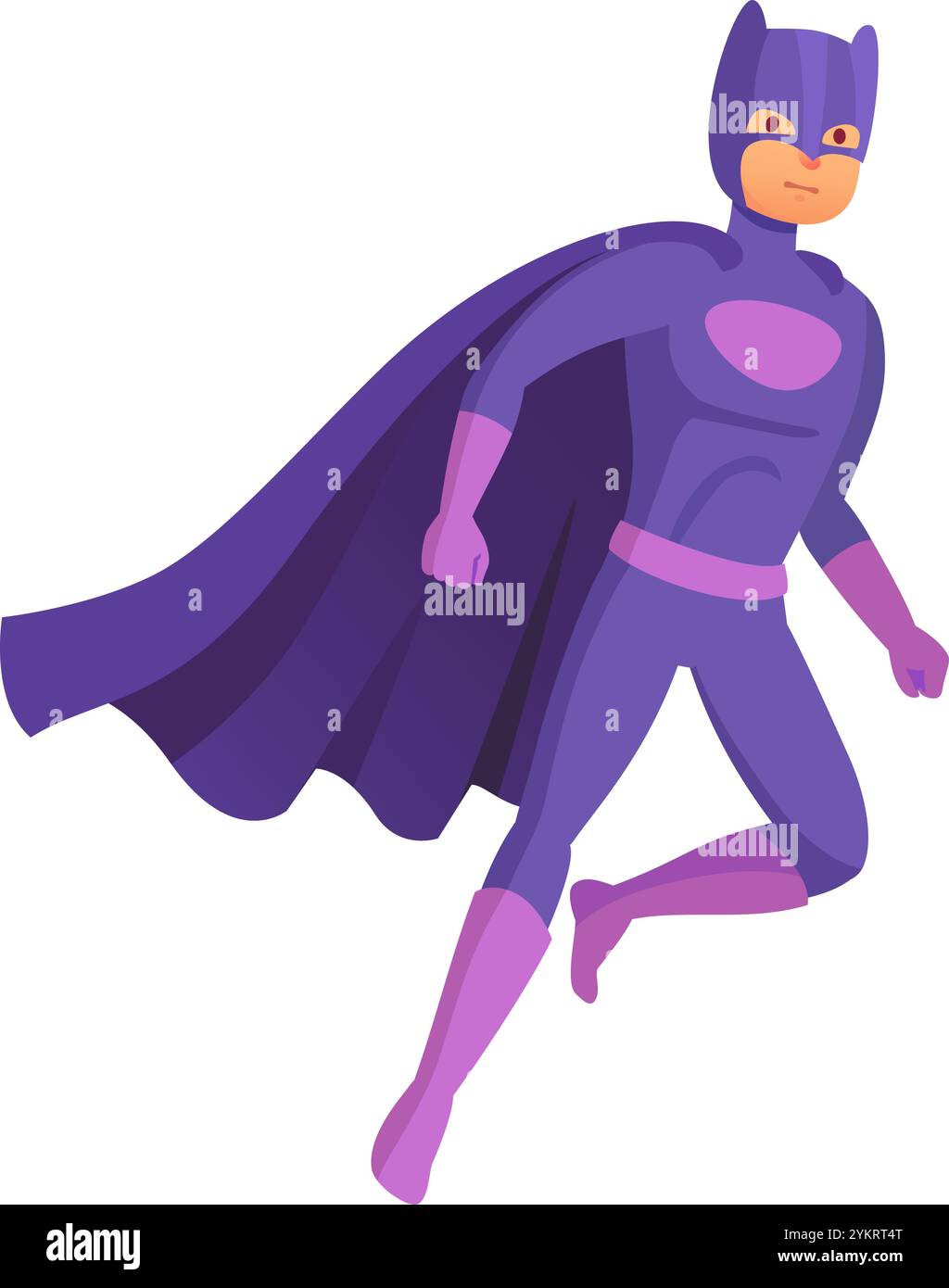Superhero with purple costume and fluttering cape is flying in the sky ...