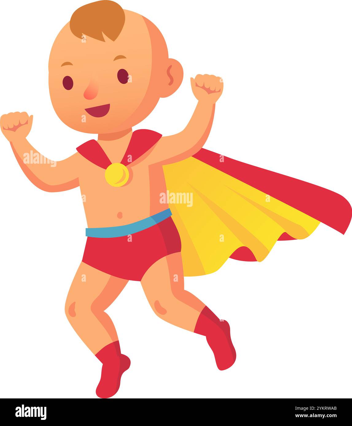 Adorable baby superhero wearing a red and yellow cape and a gold medal ...