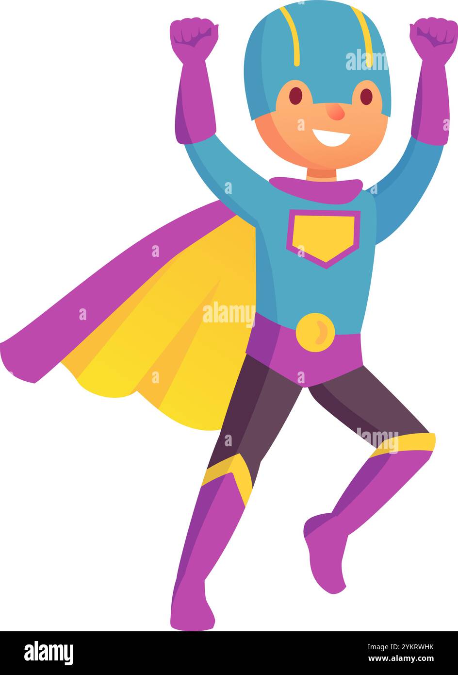 Powerful superhero kid wearing a colorful costume with cape and mask ...