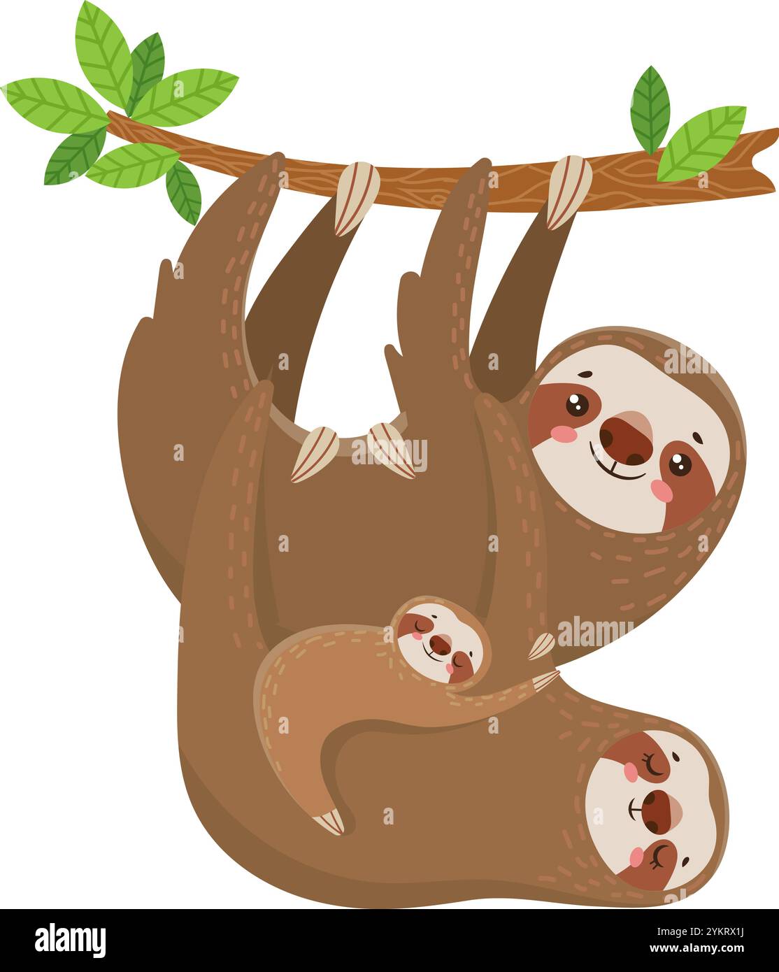 Charming illustration depicts a family of sloths hanging upside down ...