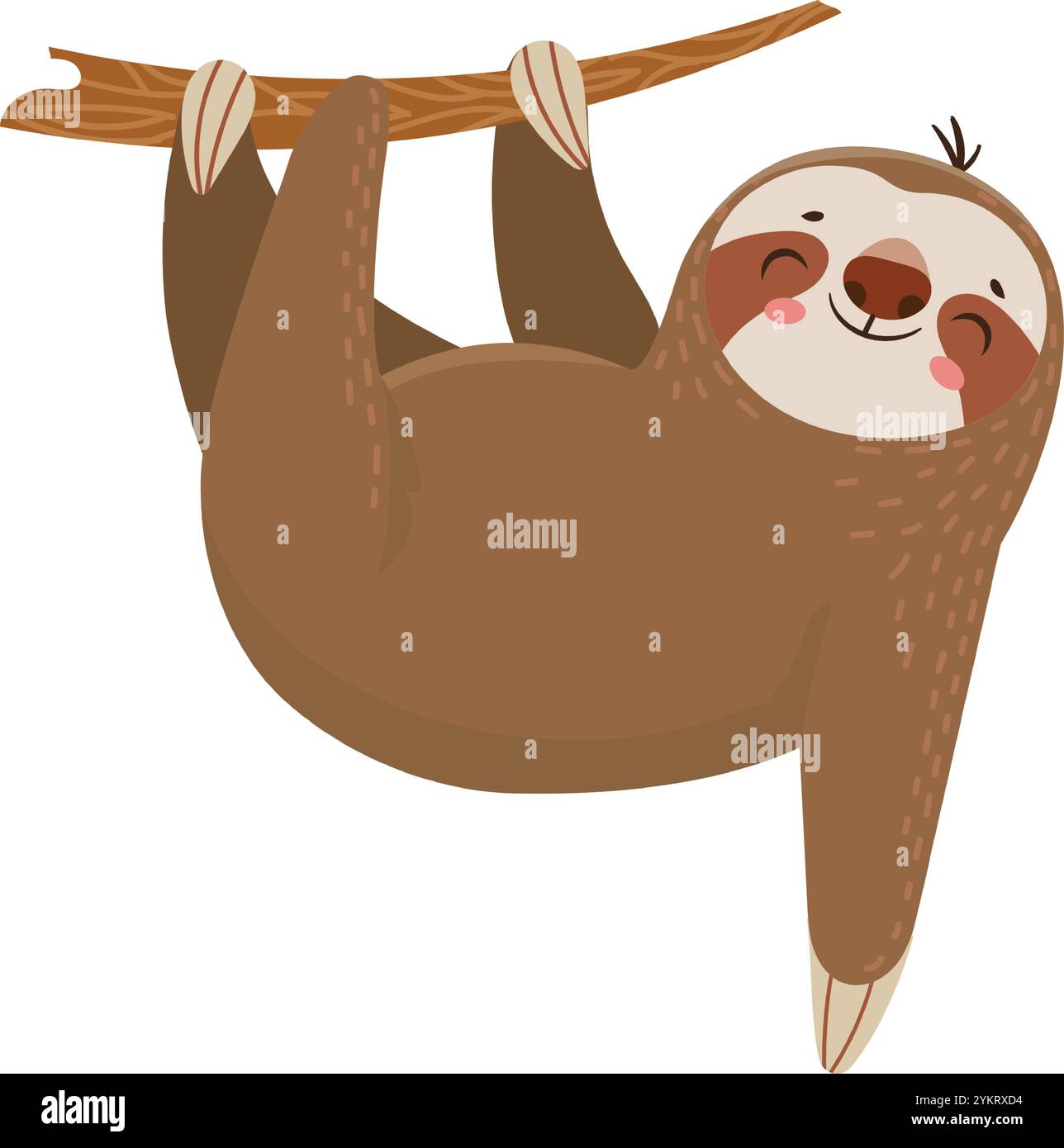 Cartoon illustration of a cute sloth hanging upside down from a tree branch, smiling and ...