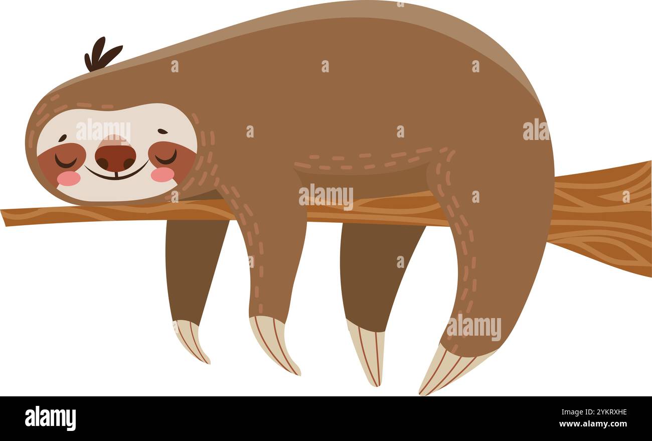 Adorable cartoon sloth peacefully sleeping on a tree branch, enjoying a ...