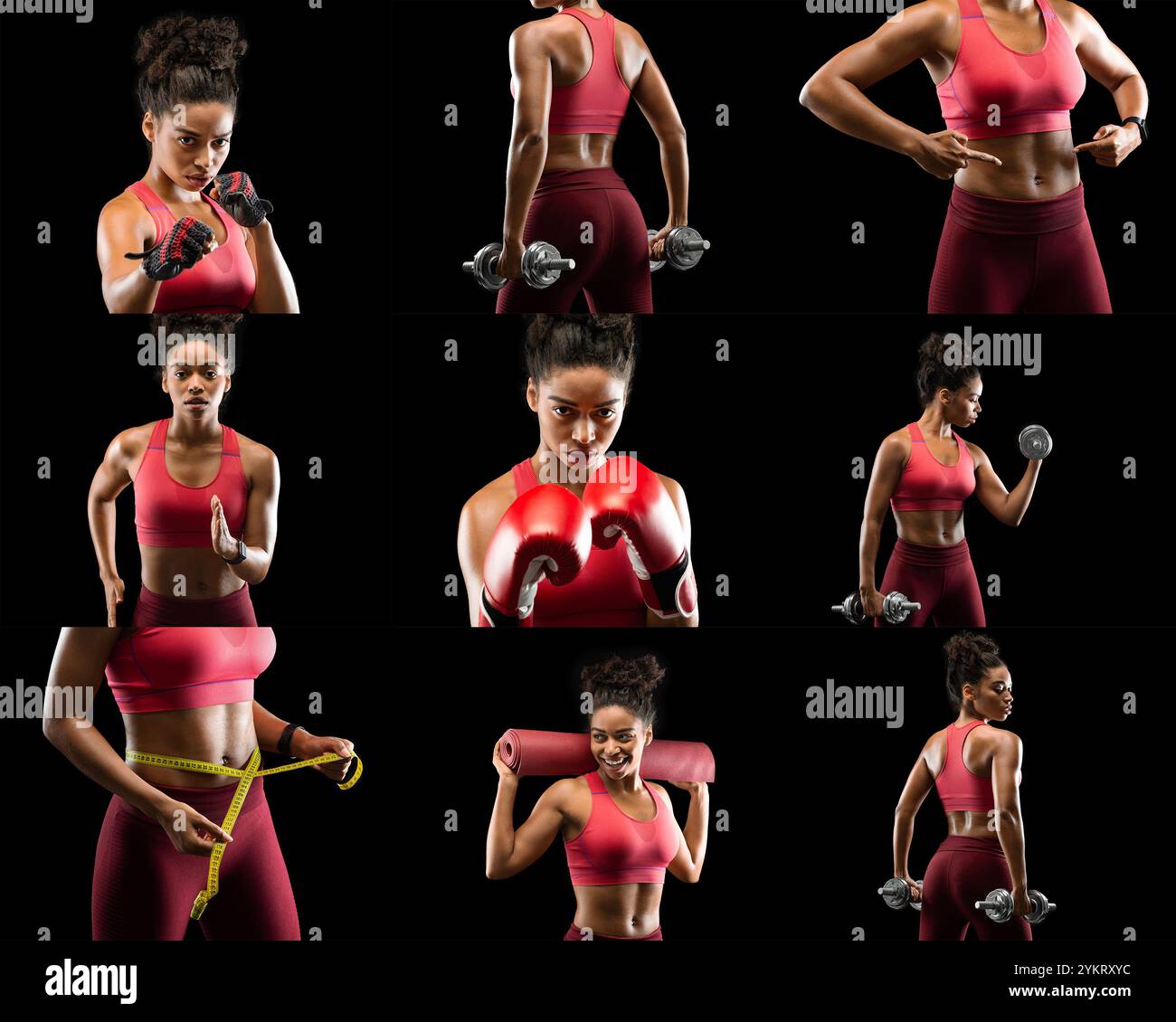Young woman showcasing fitness routines with weights and boxing gear ...