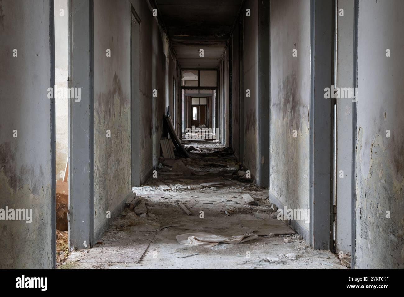Corridor in abandoned office building, urban exploration Stock Photo ...