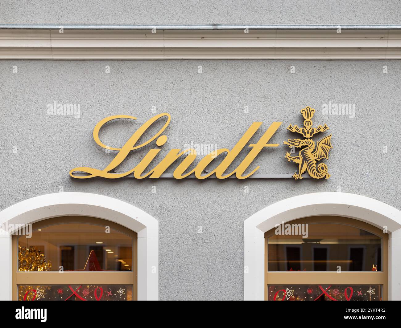 Lindt logo sign on a store exterior. Big signage of the Swiss ...