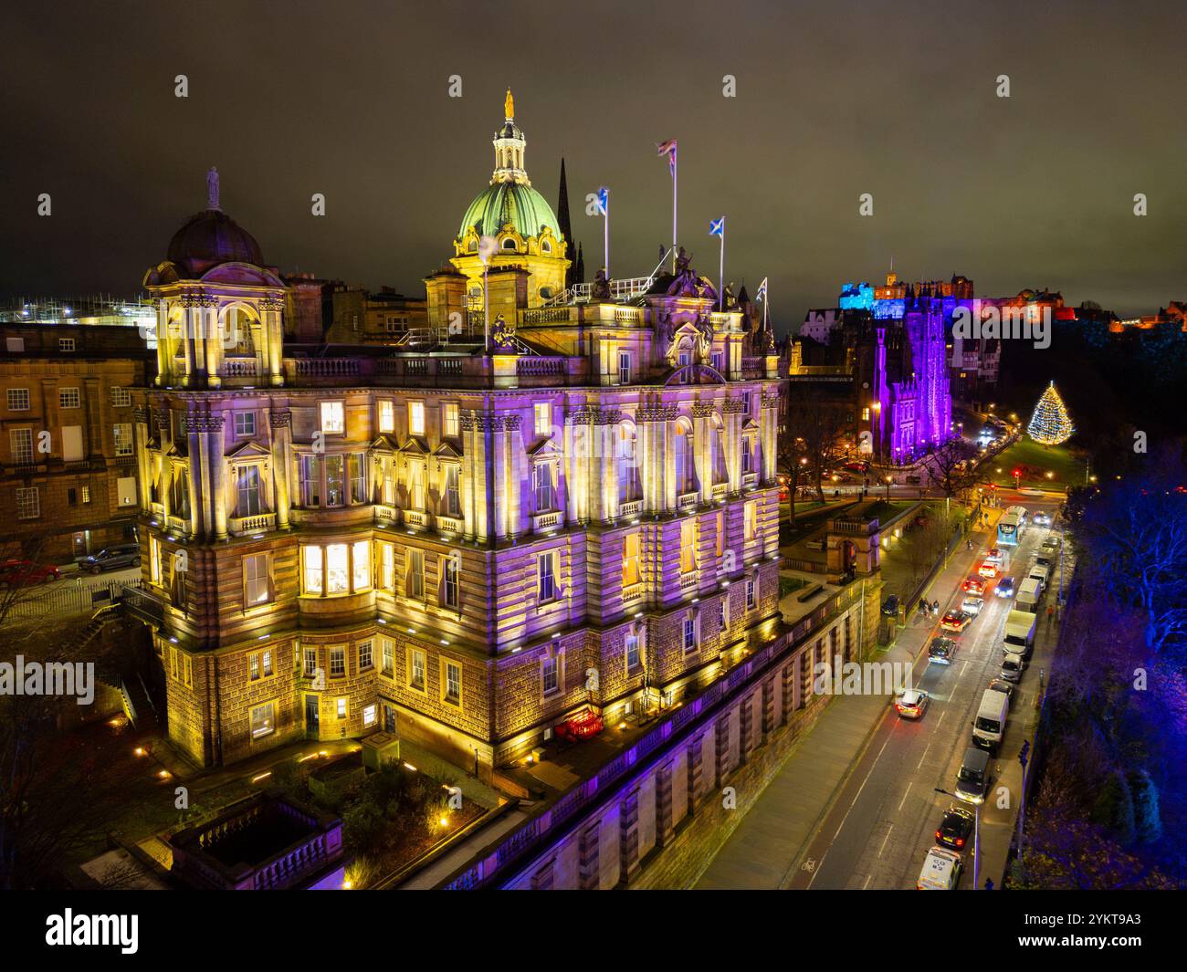 Aerial view at night of illuminated former headquarters of Bank of ...