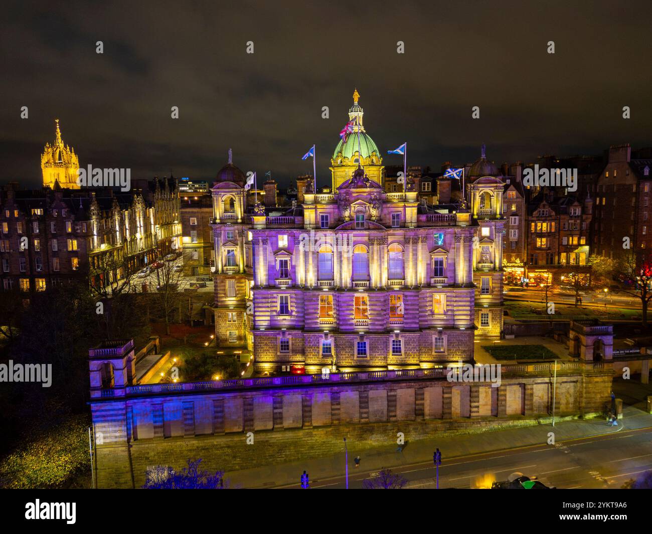 Aerial view at night of illuminated former headquarters of Bank of ...