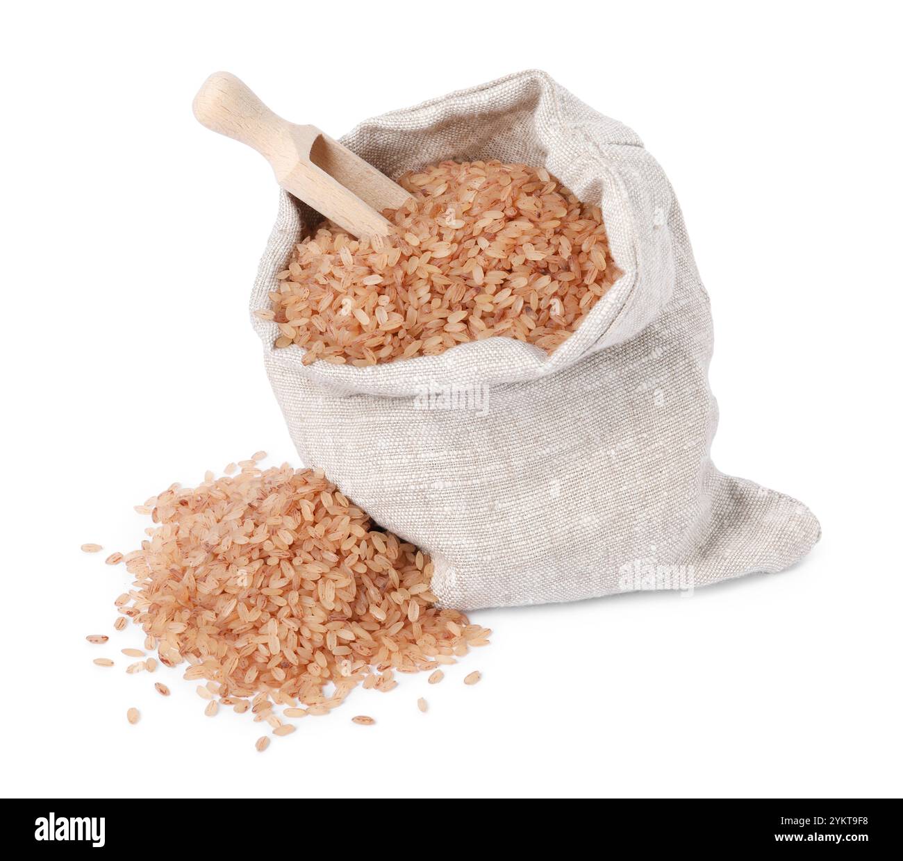 Raw organic matta rice in burlap with scoop isolated on white Stock ...