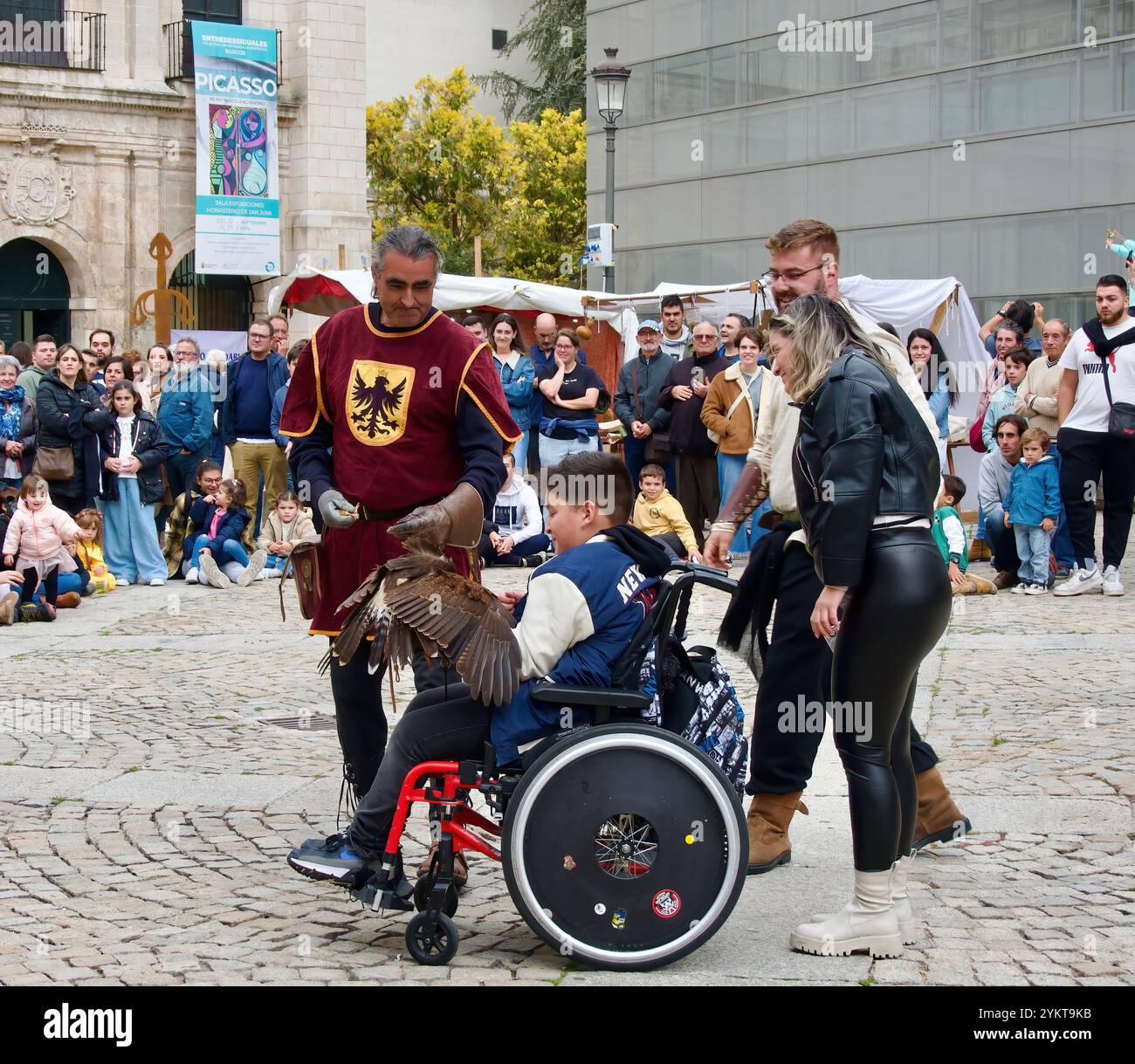 Crowd watching a bird handler in medieval costume with a Harris's hawk ...