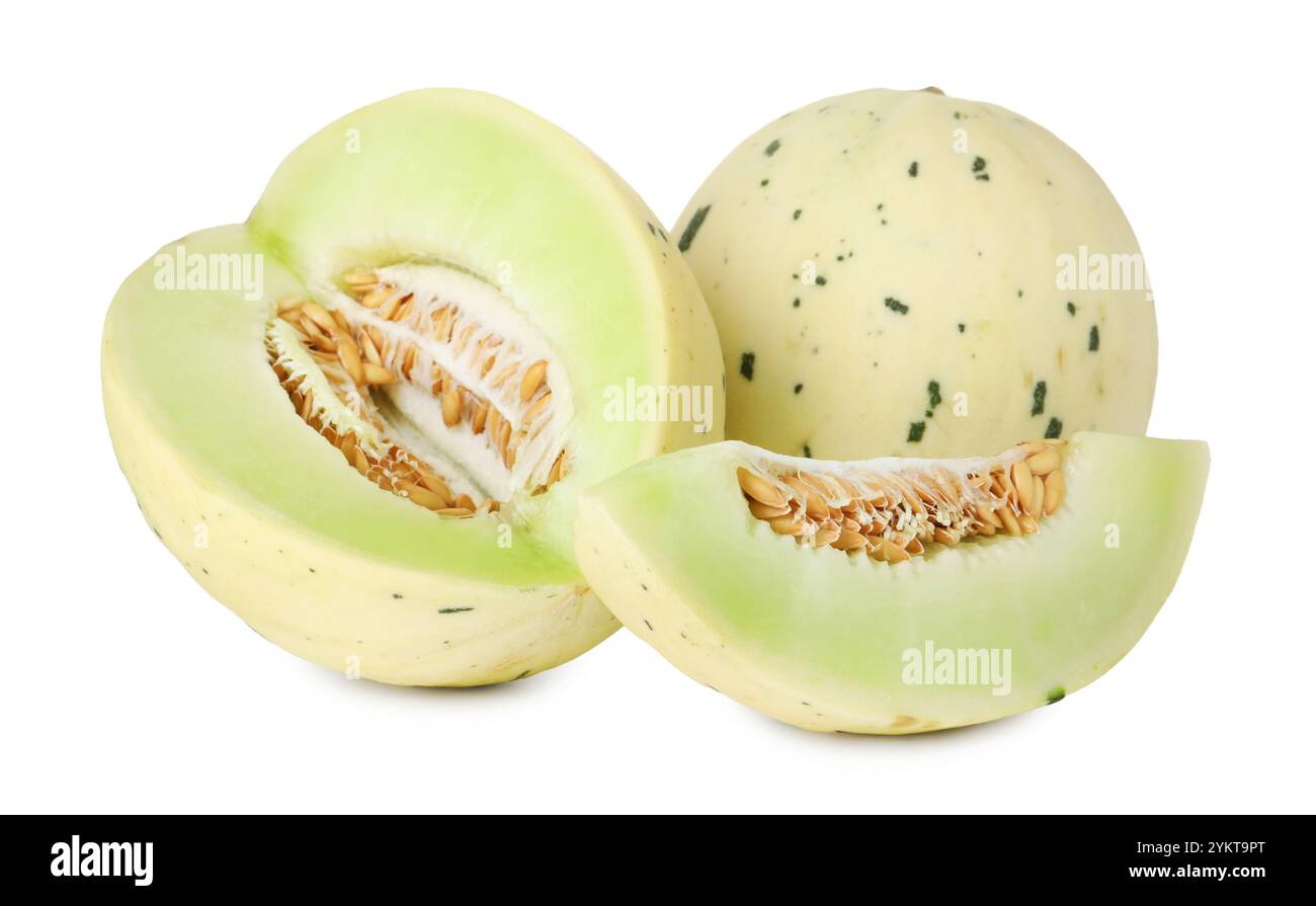 Whole and cut fresh ripe melons isolated on white Stock Photo - Alamy
