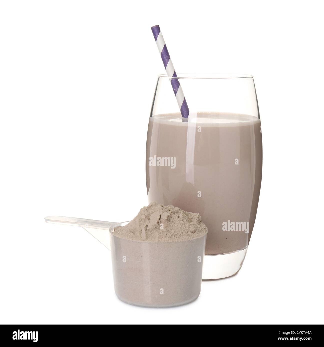 Delicious protein shake in glass and scoop with powder isolated on ...