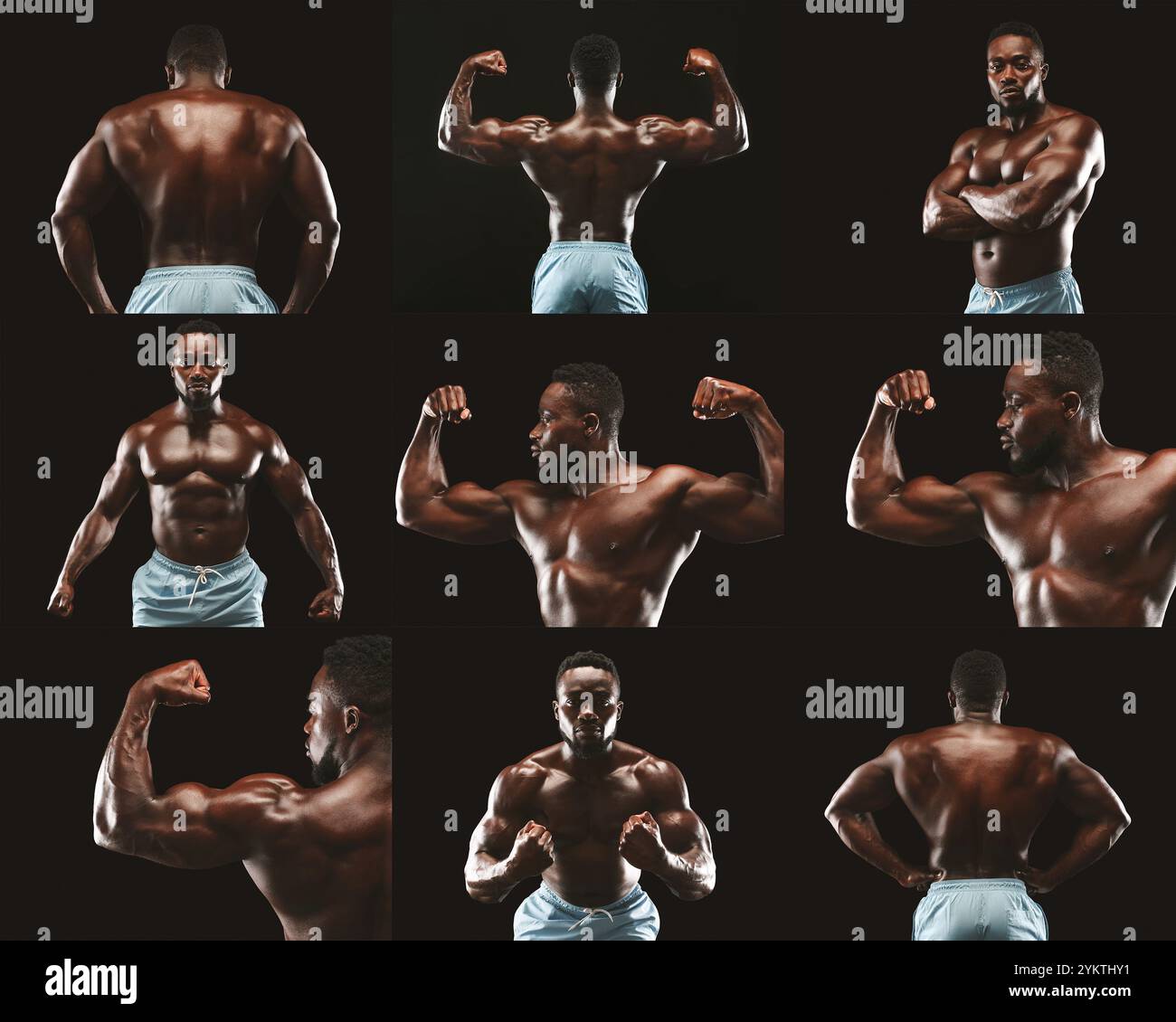 Muscular athlete showcasing strength in various poses against a dark ...