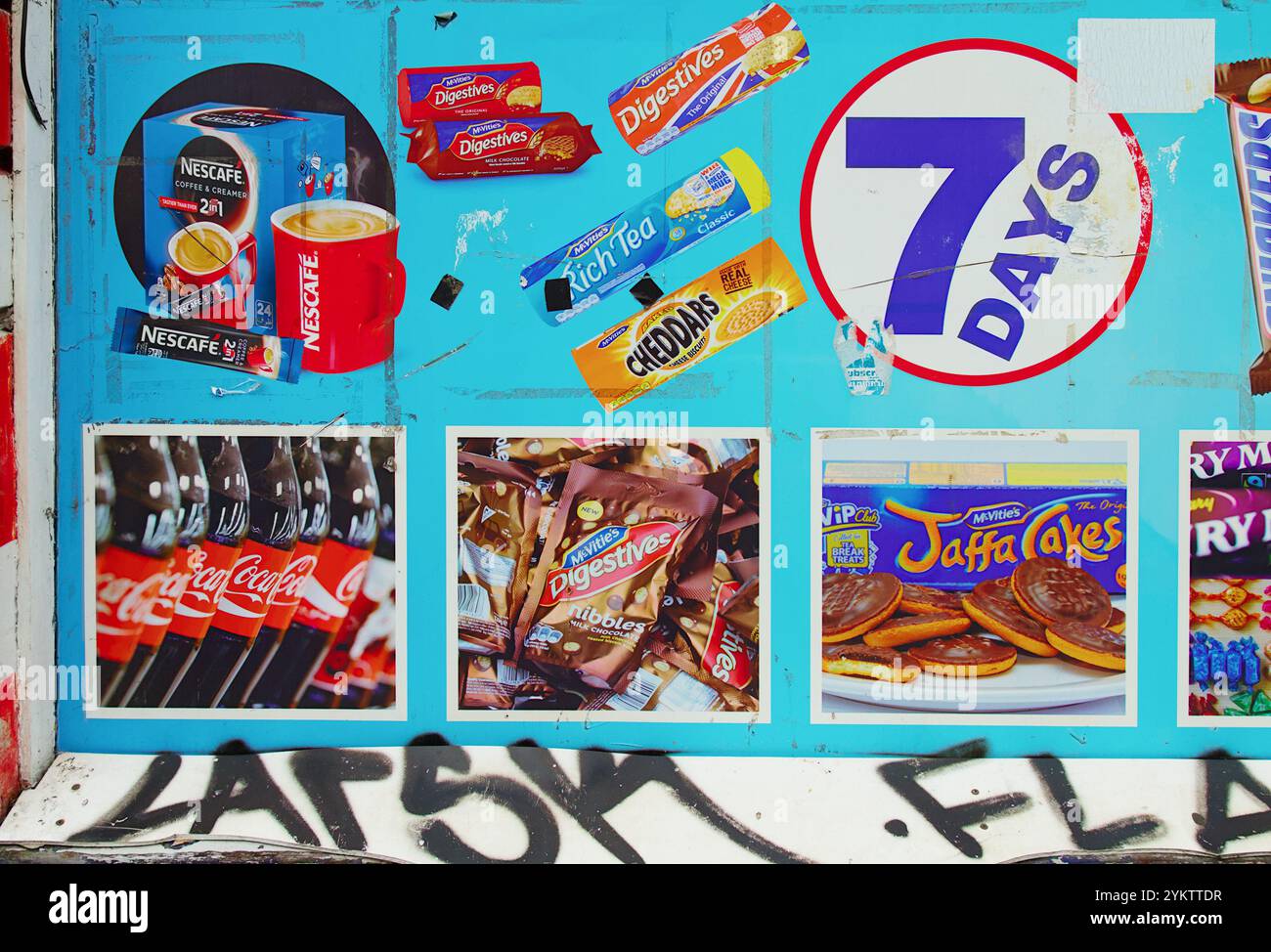 Old, Faded, Damaged Advertising Board In The Window Of A Small Corner ...