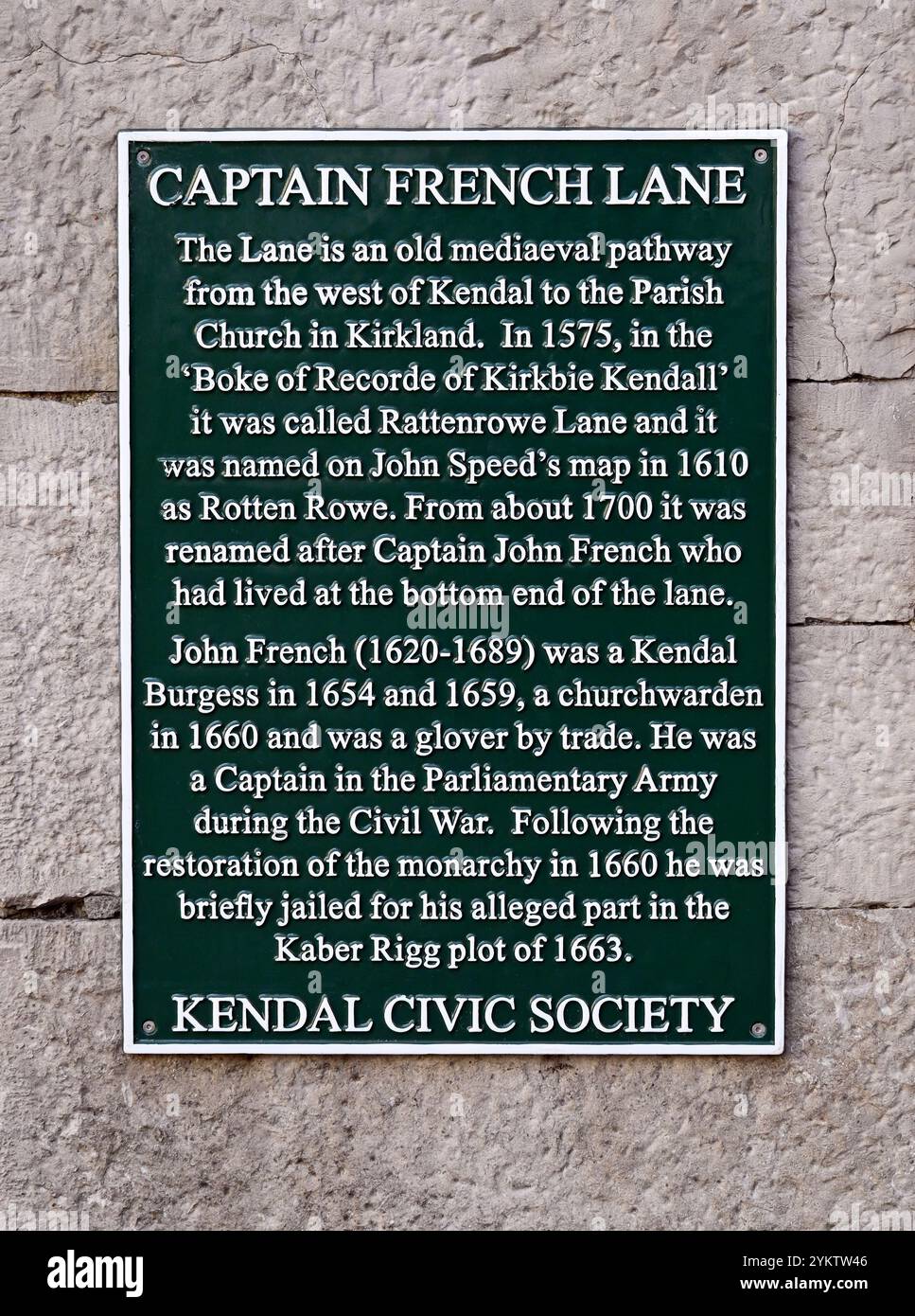Descriptive plaque. CAPTAIN FRENCH LANE. Kendal, Cumbria, England ...