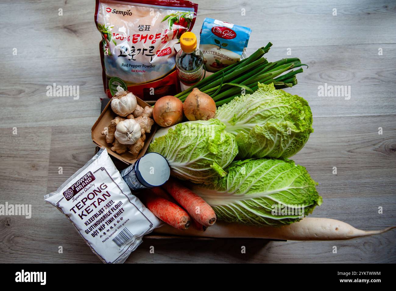 A box full of the ingredients to make Kimchi. Kimchi, a traditional ...