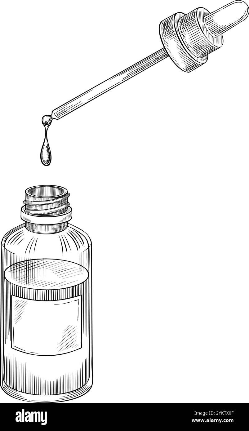 Glass bottle with Dropper vector illustration. Outline drawing of ...