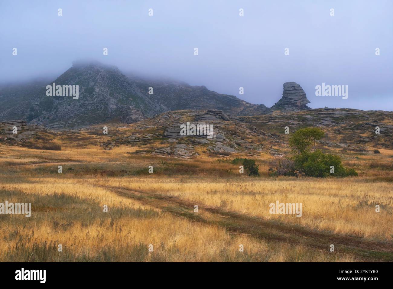 Road to Bizarrely shaped layered rocks in the fog - Kazakh small hills ...
