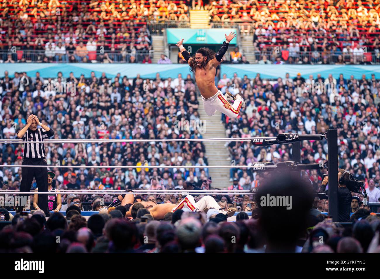 Matt Jackson with. a dive off the top rope at AEW All In at Wembley ...