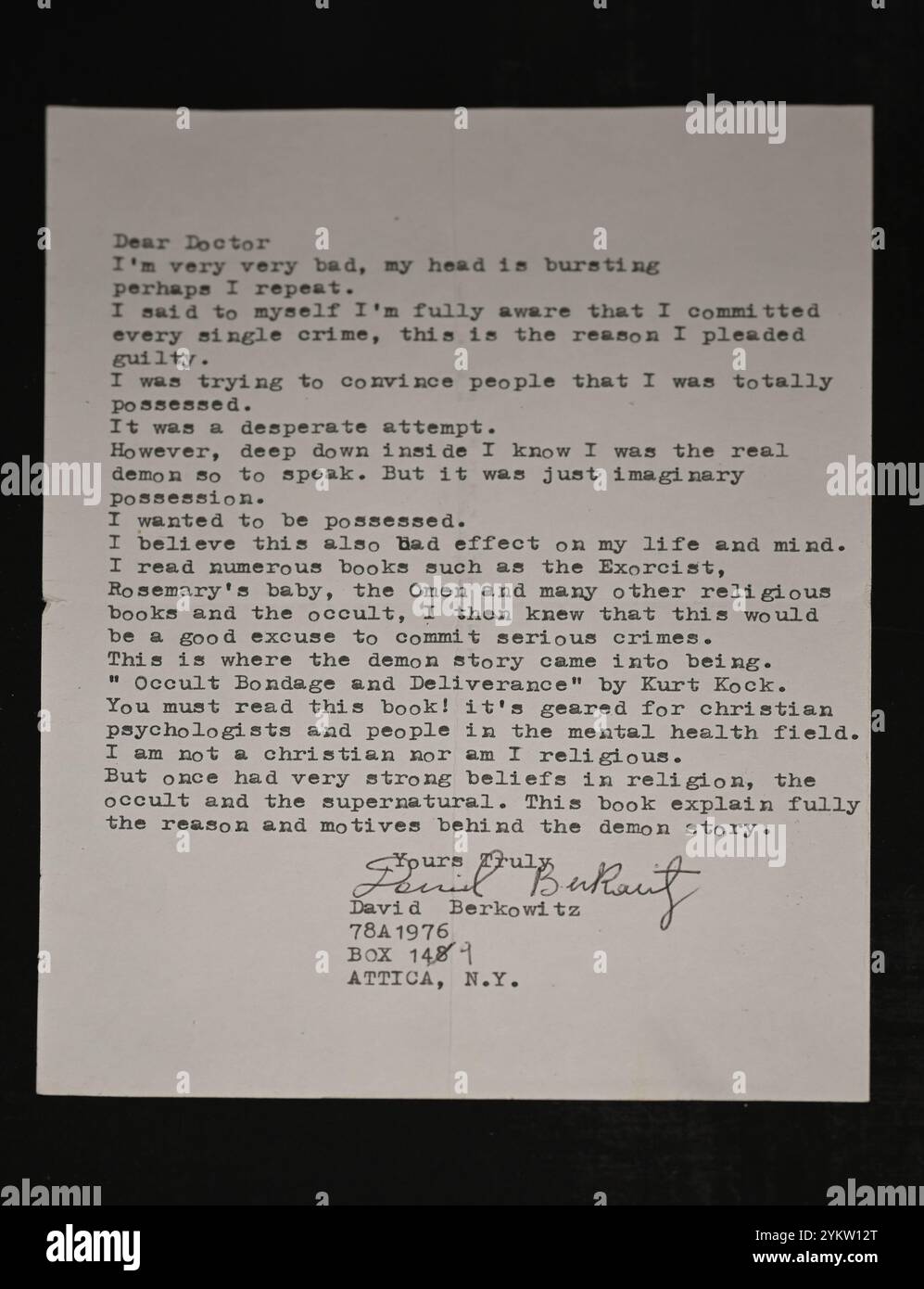 Letter by serial killer David Berkowitz (Son of Sam Stock Photo - Alamy
