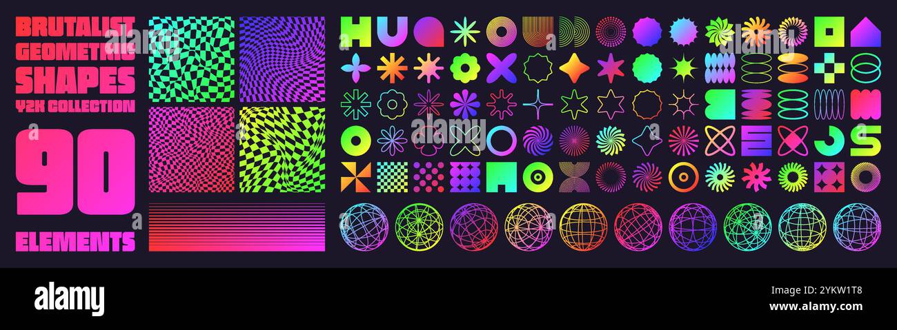 Brutalist geometric shapes, neon modern symbols. Groovy checkered ...