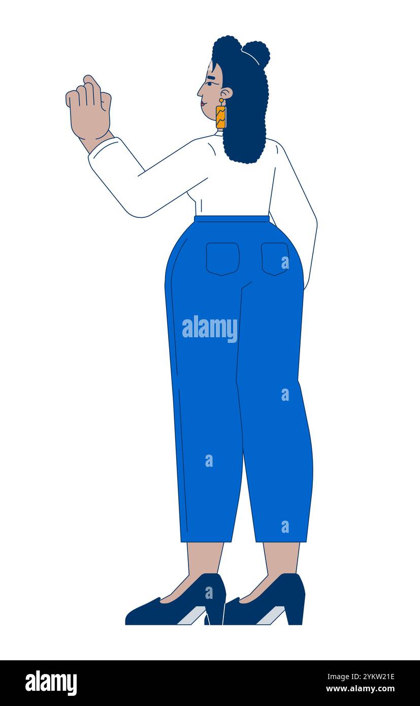 Hispanic woman in formal attire pointing rear view 2D cartoon character ...