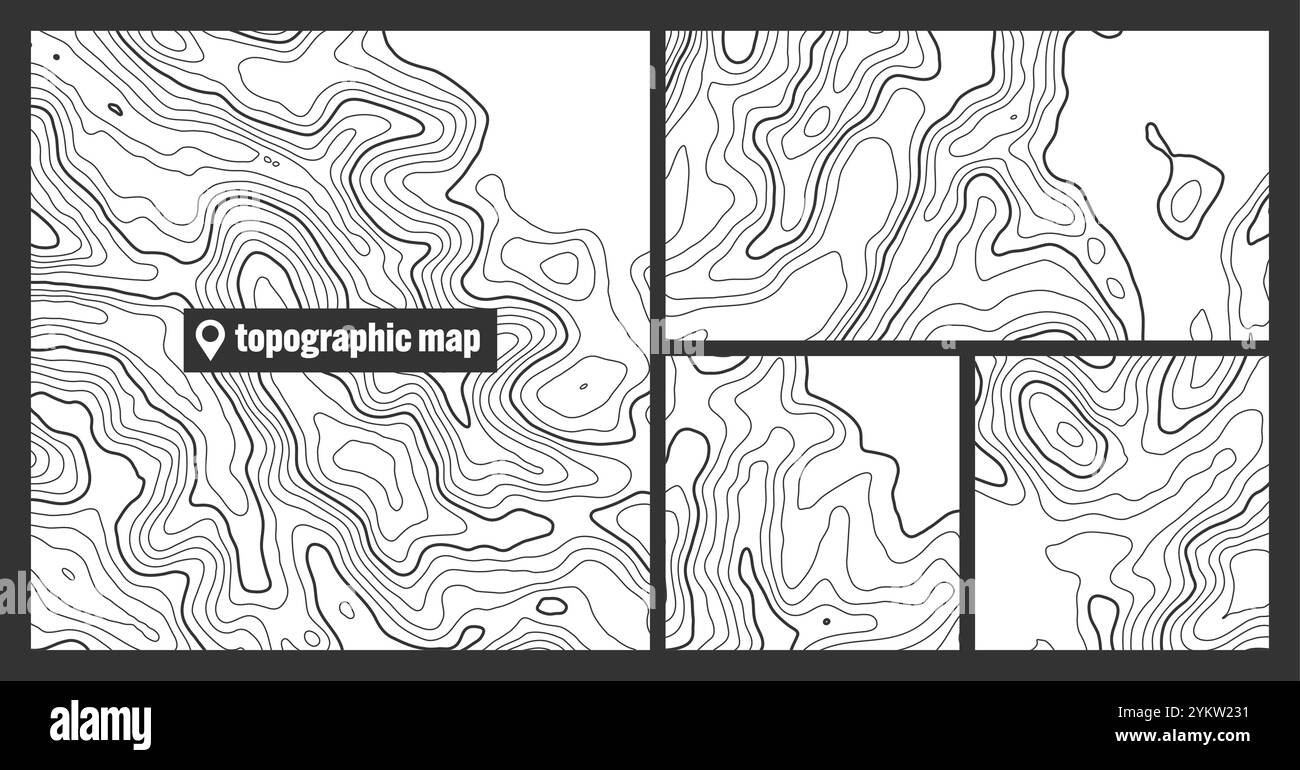 Colorful topographic map sets with contour lines. Geographic terrain grid, relief height ...