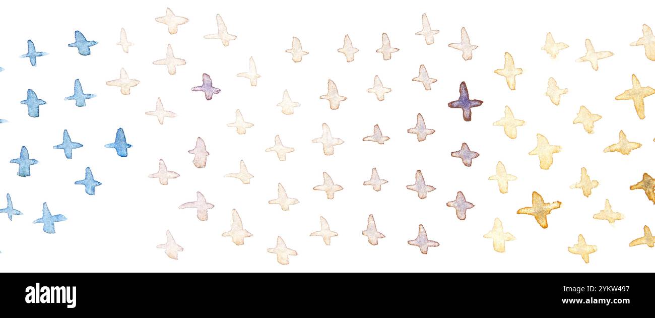 Abstract watercolor bird pattern in blue and yellow gradients on white ...