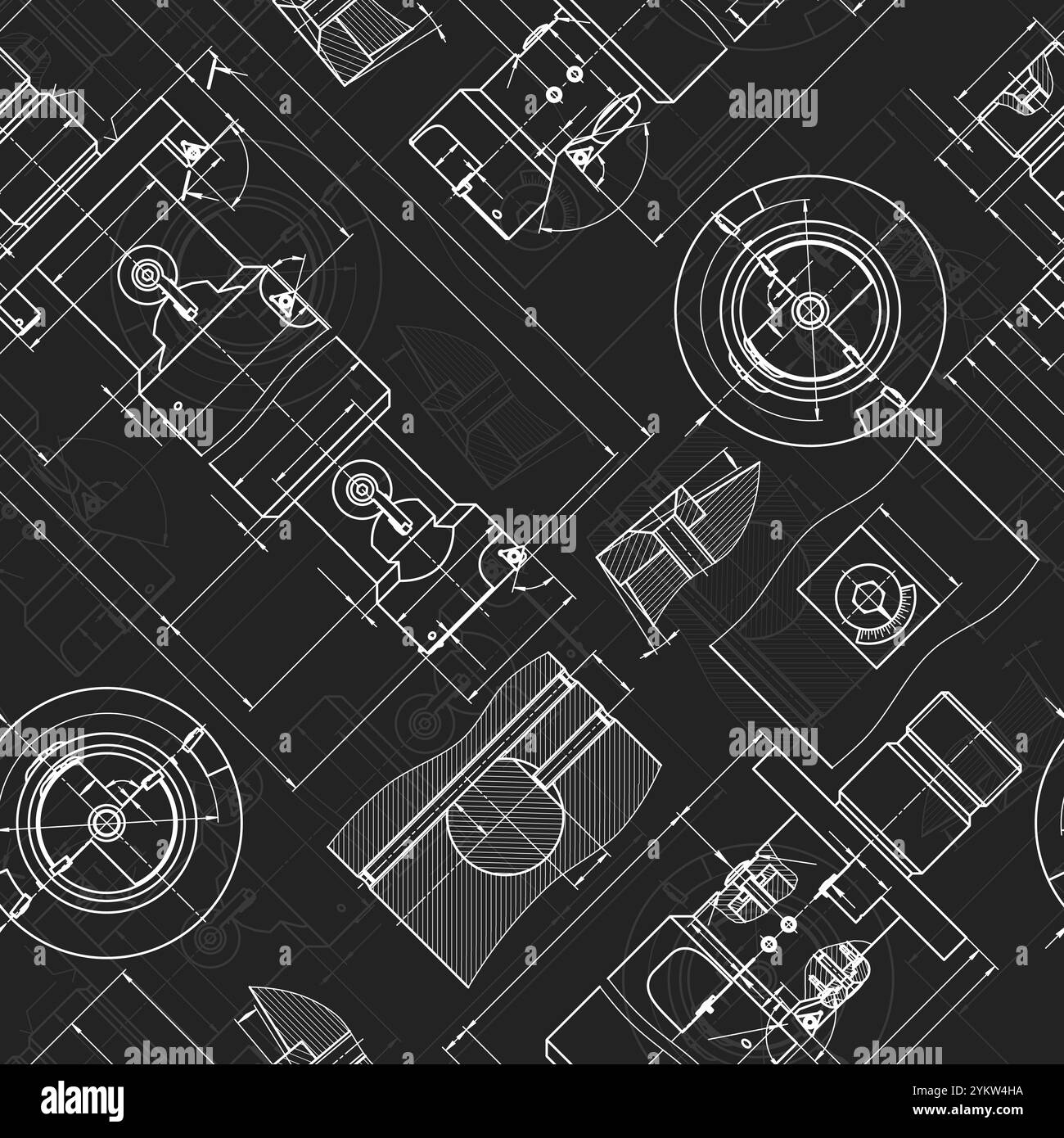 Mechanical engineering drawings on black background. Tap tools, borer ...