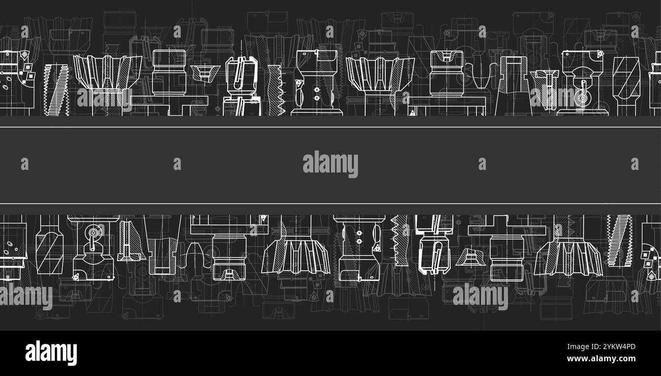 Mechanical engineering drawings on black background. Tap tools, borer ...