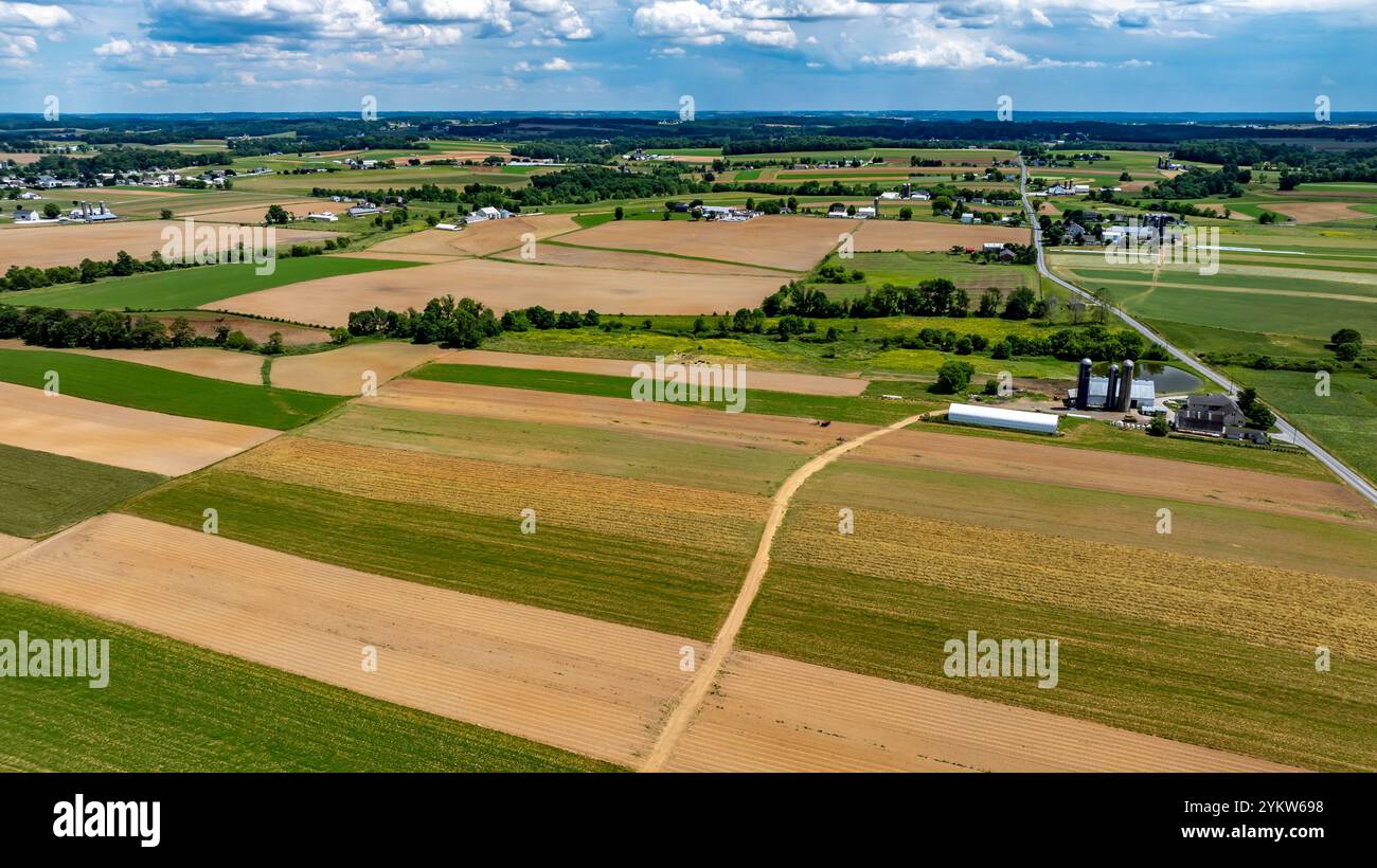 A wide view of expansive farmland showcases vibrant green and golden ...