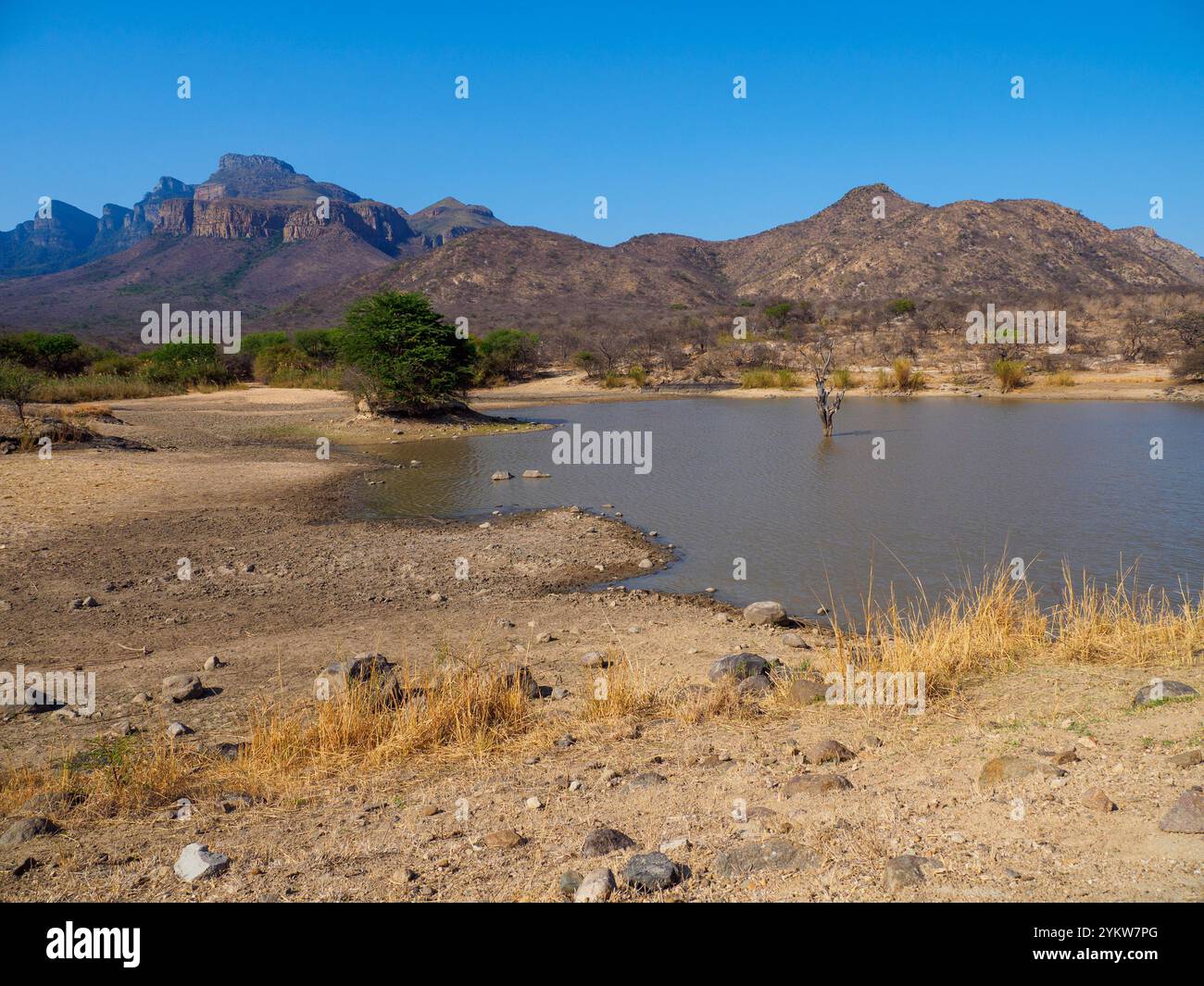 Mountain and waterhole scene, Limpopo Province, South Africa Stock ...