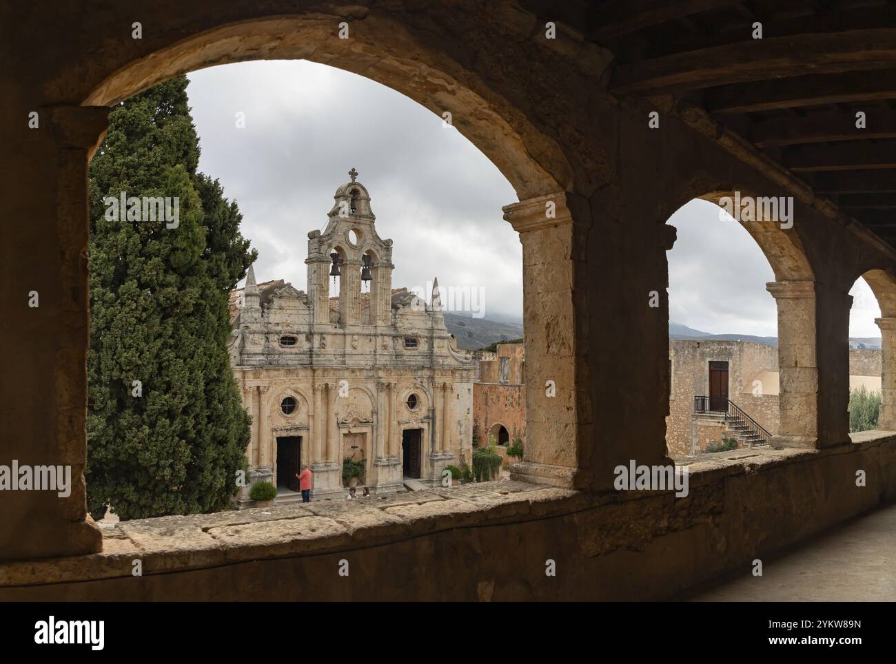 A picture of the Arkadi Monastery as seen from its arcades Stock Photo ...