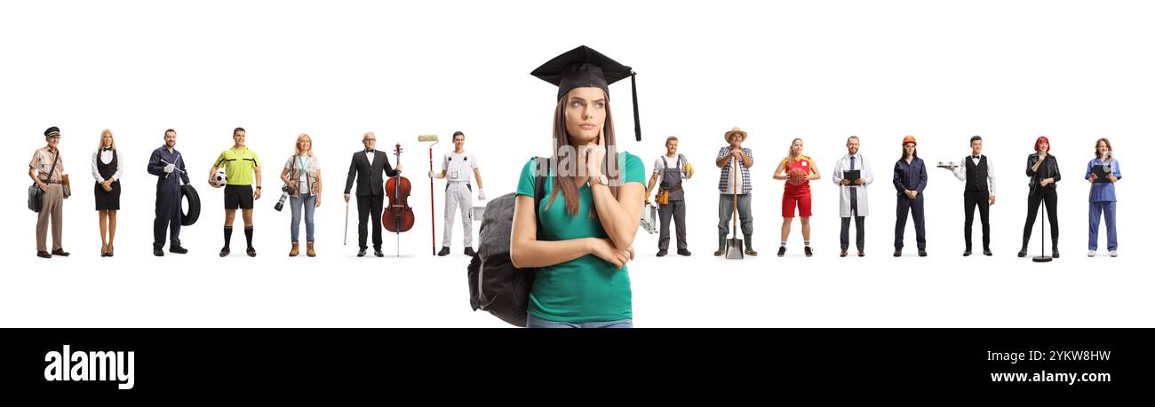 Female graduate student thinking about different professions isolated ...