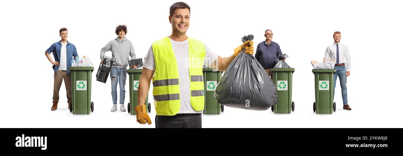 Cleaner holding a waste bag and people recycling materials isolated on ...
