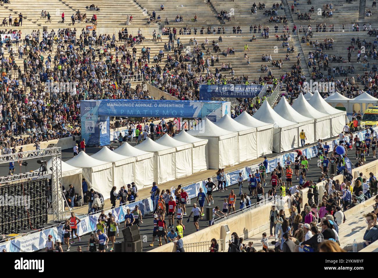 A picture of the finish line of the 2022 edition of the Athens Marathon ...