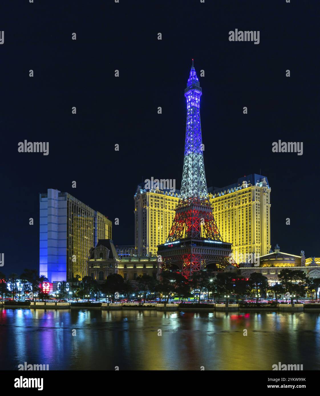 A picture of the Paris Las Vegas at night, with the Eiffel Tower ...