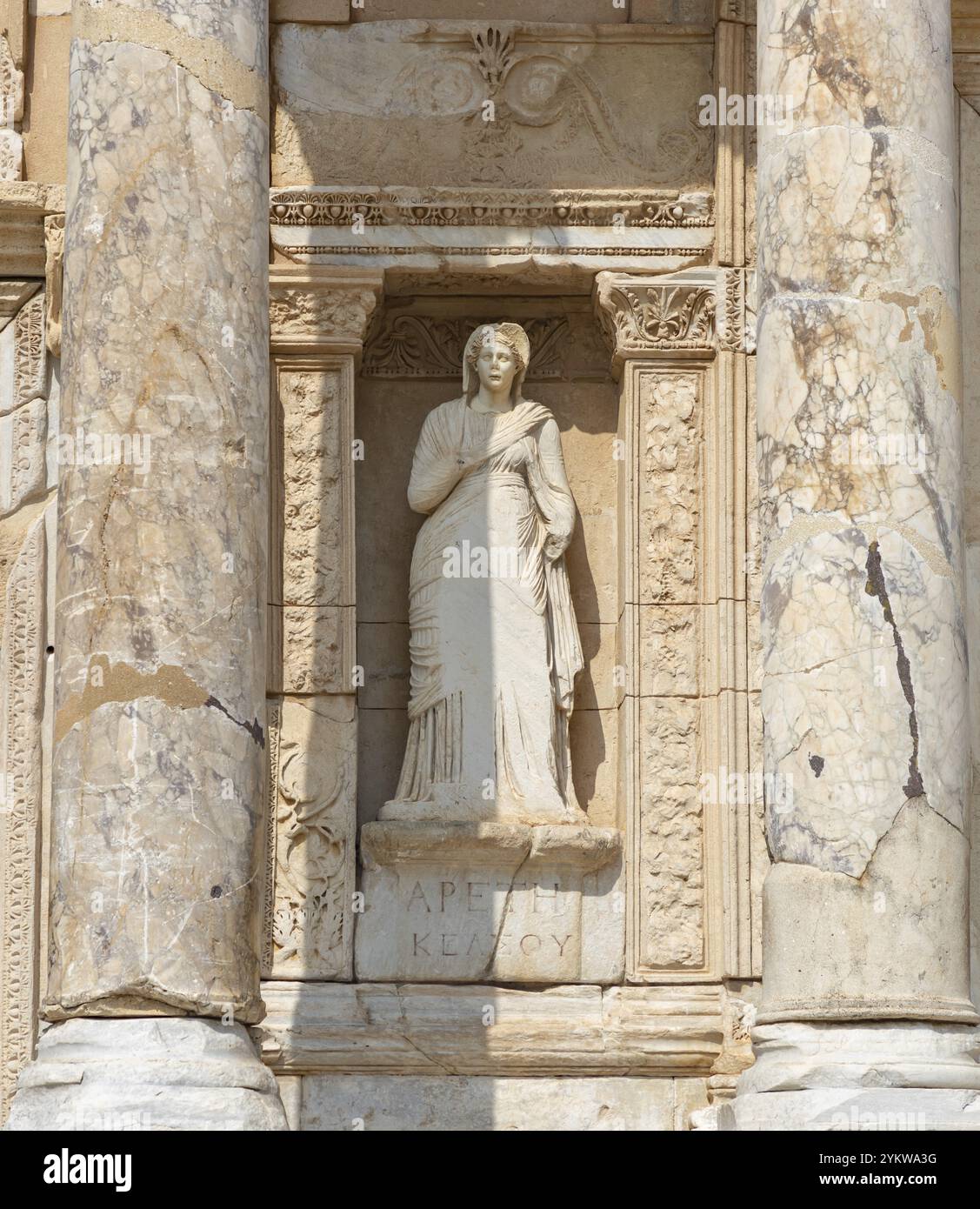 A picture of the Arete statue on the Library of Celsus at the Ephesus ...
