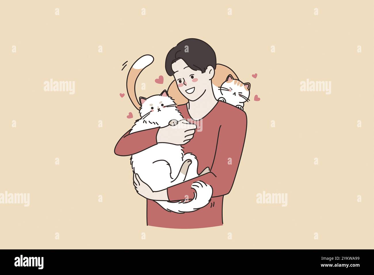 Loving animals and cat lover person concept. Young smiling loving man ...