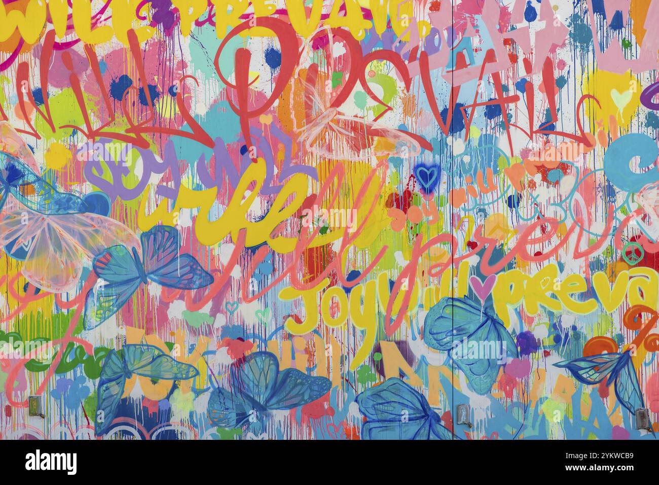 A close-up picture of the colorful Joy Will Prevail mural, on the ...