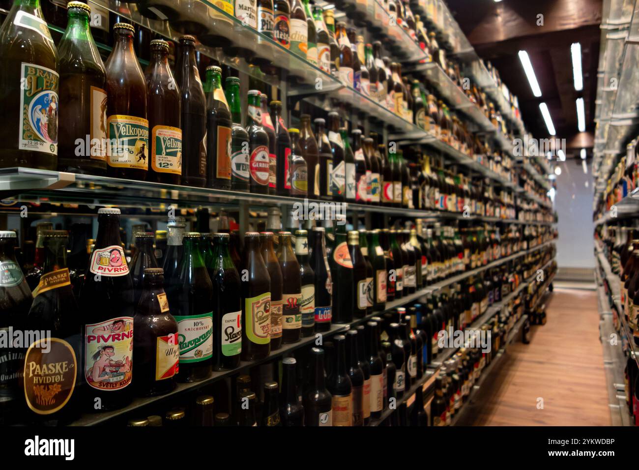 COPENHAGEN, DENMARK - OCTOBER 29, 2014: Exhibition of beer bottles in ...