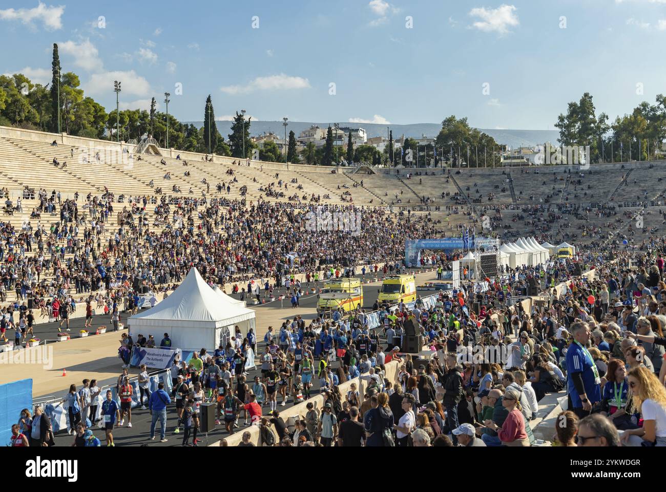 A picture of the finish line of the 2022 edition of the Athens Marathon ...
