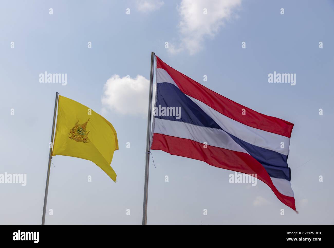 A picture of the Thailand and Royal Standard of Thailand flags waving ...