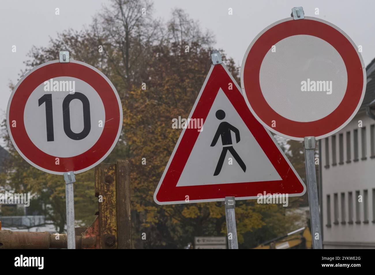 Road signs indicating speed limit, pedestrian crossing, and no vehicles ...