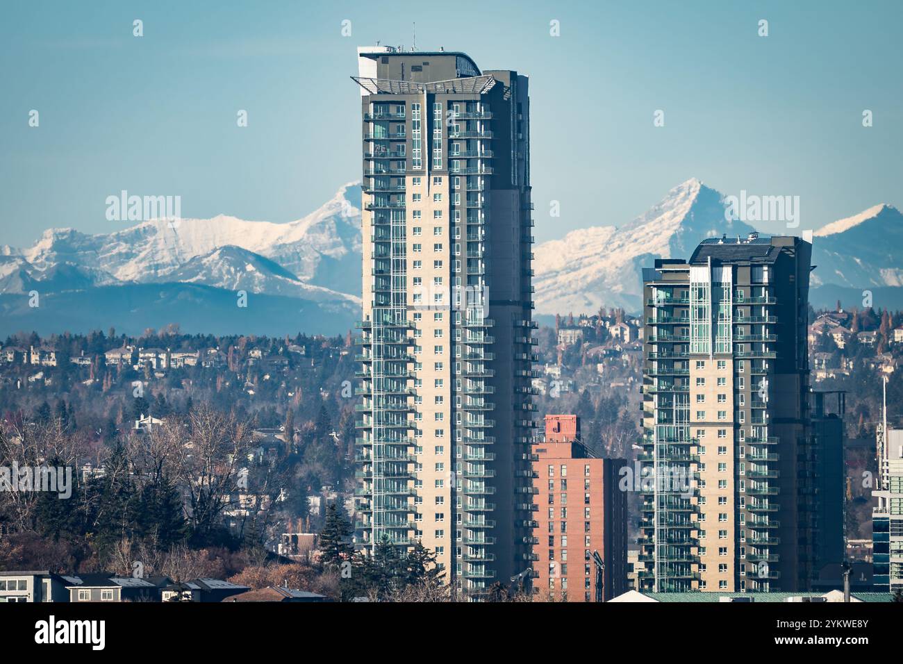 Apartment tower block overlooking the City of Calgary with Canadian ...