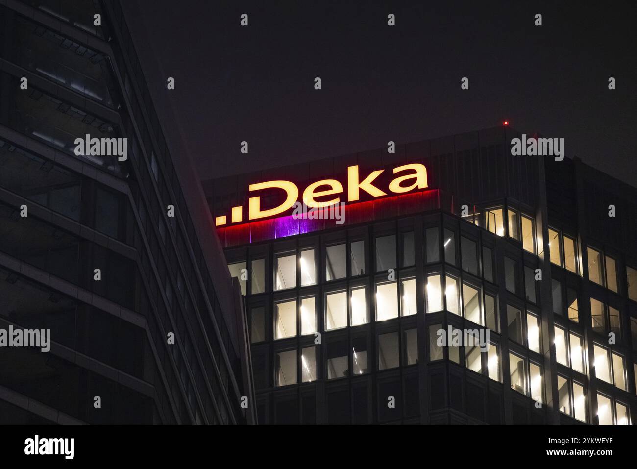 The Deka lettering shines red at a height of 228 metres on Tower 1 of ...