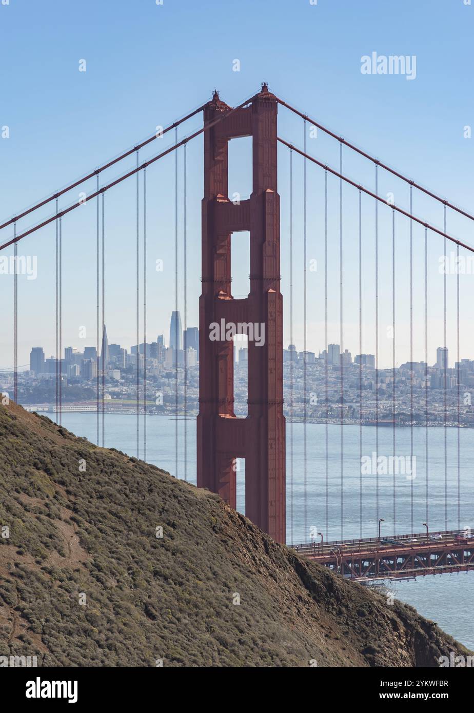 A picture of the Golden Gate Bridge Tower as seen from the Golden Gate ...